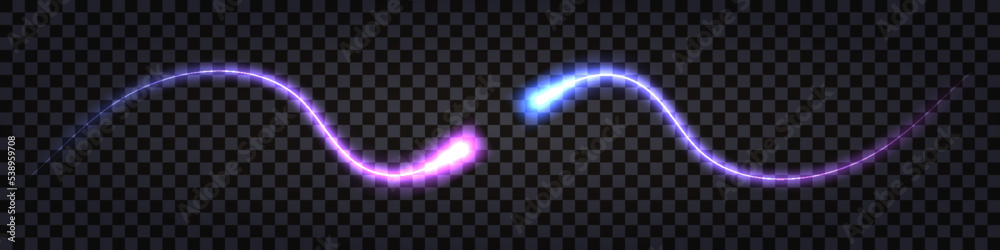 Neon glowing trails; laser beams with shiny light effect; blue and ...