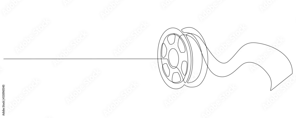 One continuous line drawing of film reel with long tape. Retro old ...