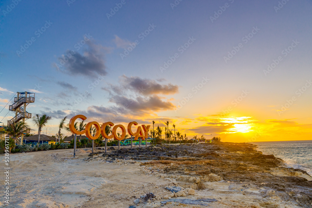 COCO CAY, BAHAMAS - OCTOBER 12, 2019: The sign for Royal Caribbean ...