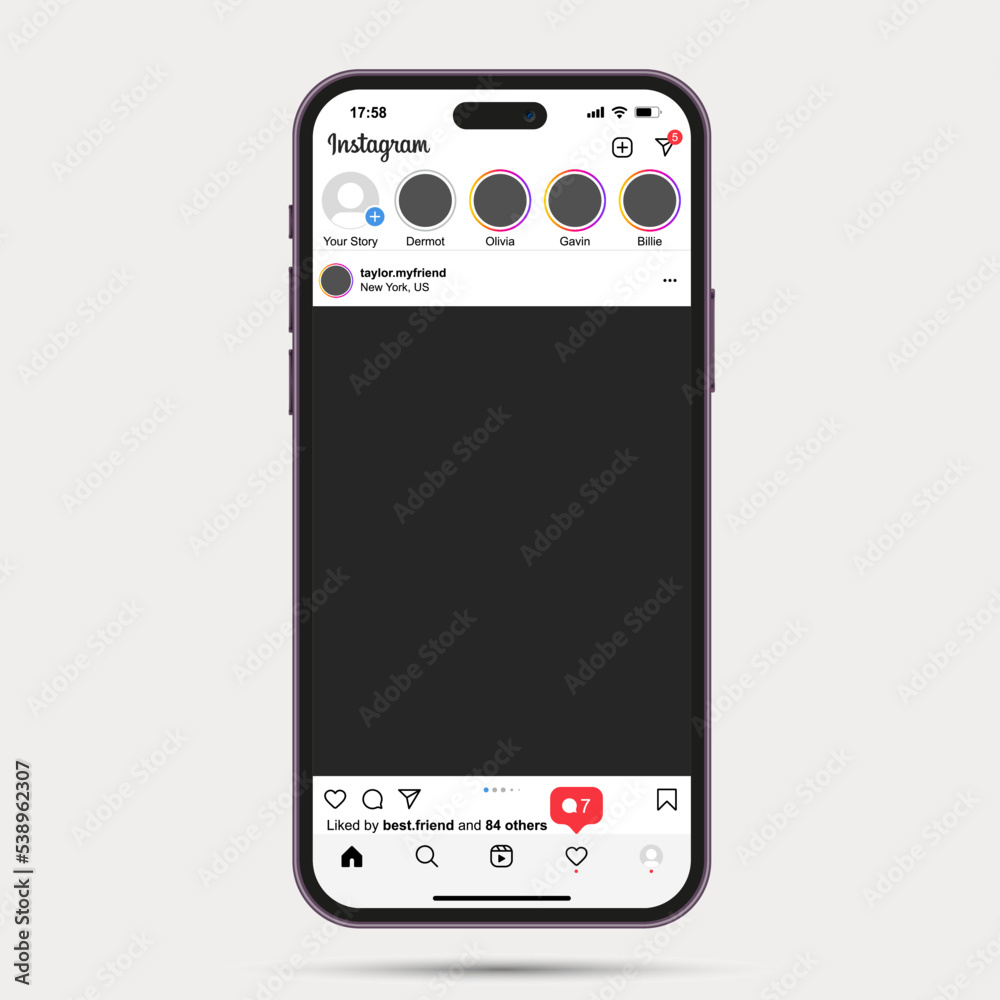 Instagram template in iPhone 14 Pro Max Deep Purple color. Smartphone ...