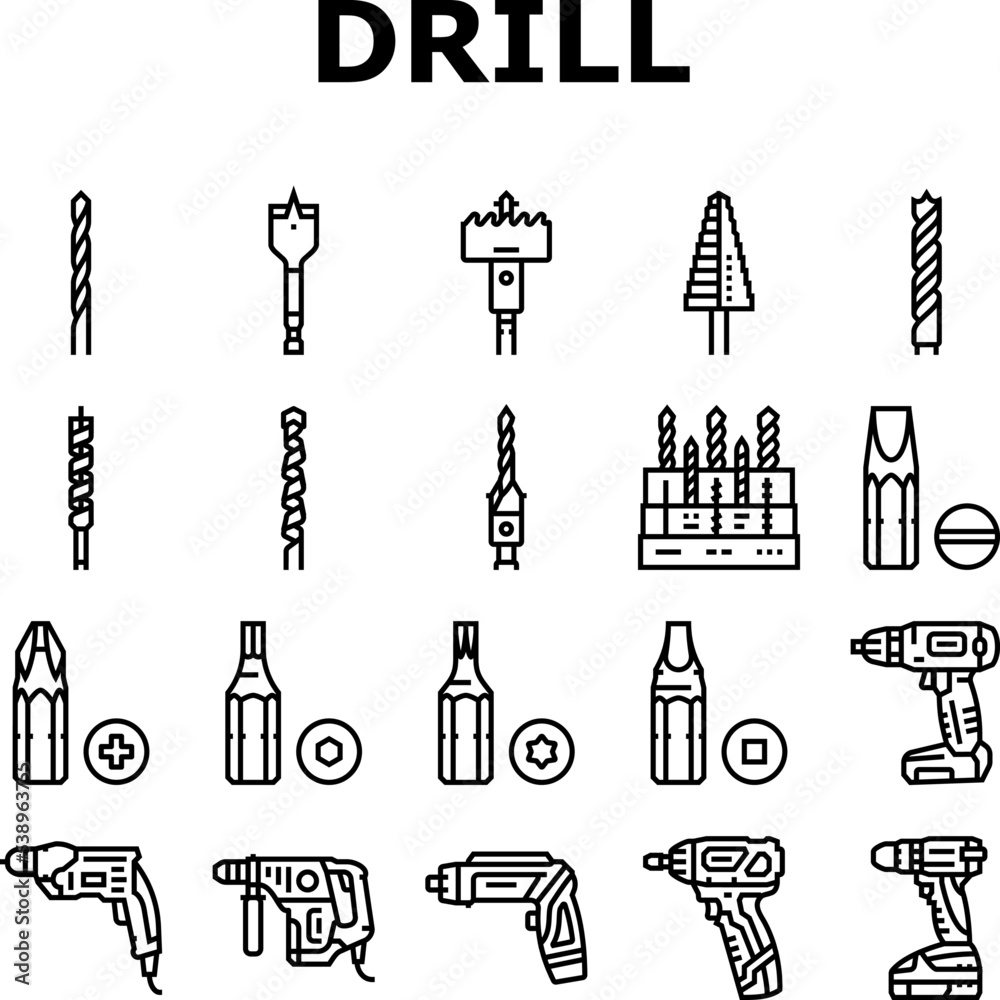 drill equipment construction icons set vector. machine power, industry ...