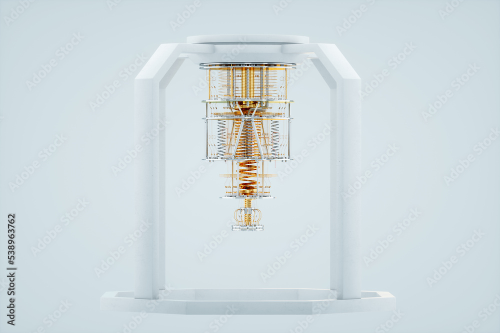 Quantum computer, gold silver mechanism isolated on white background ...