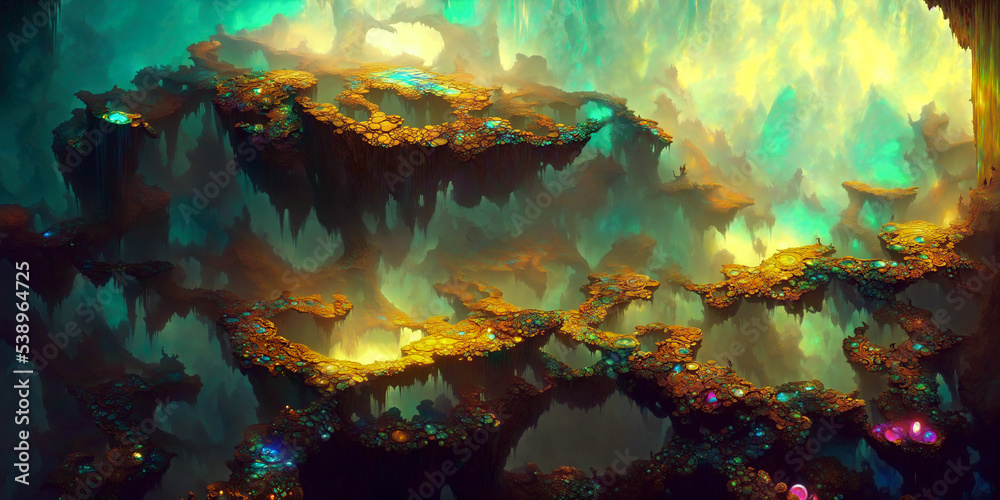 Lush, Colorful Alien Landscape on an Opalescent Planet with Floating ...