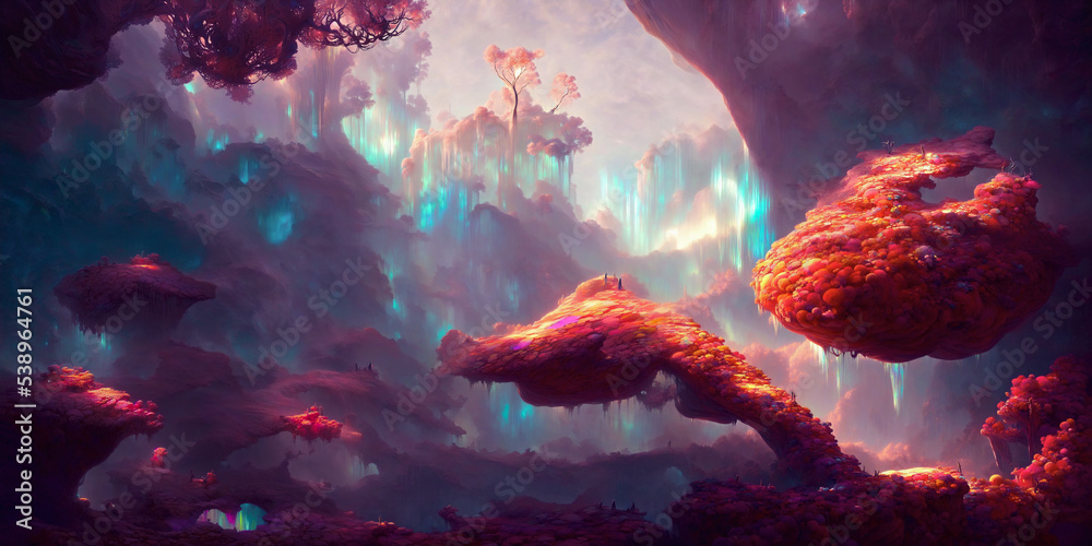 Lush, Colorful Alien Landscape on an Opalescent Planet with Floating ...