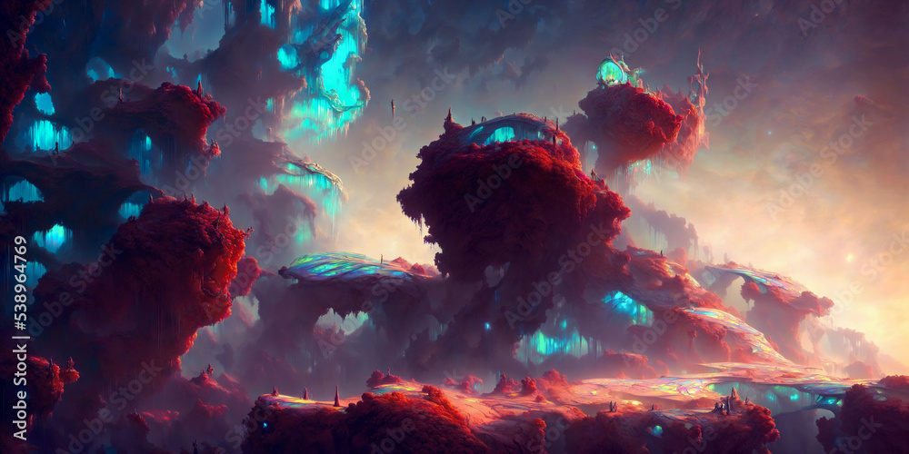 Lush, Colorful Alien Landscape on an Opalescent Planet with Floating ...