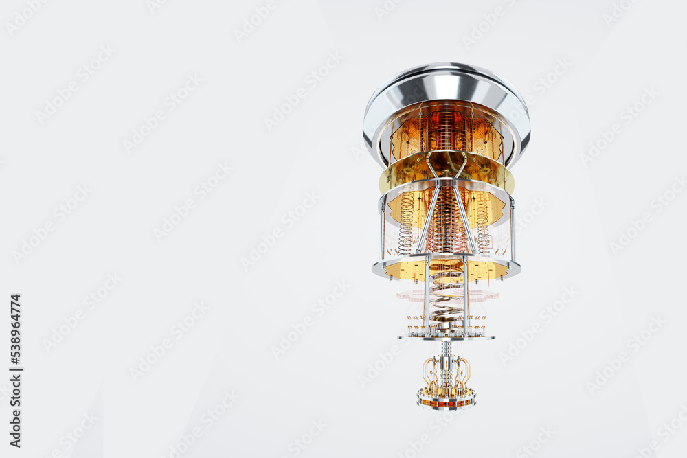 Quantum computer, gold silver mechanism isolated on white background ...