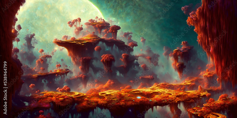 Lush, Colorful Alien Landscape on an Opalescent Planet with Floating ...