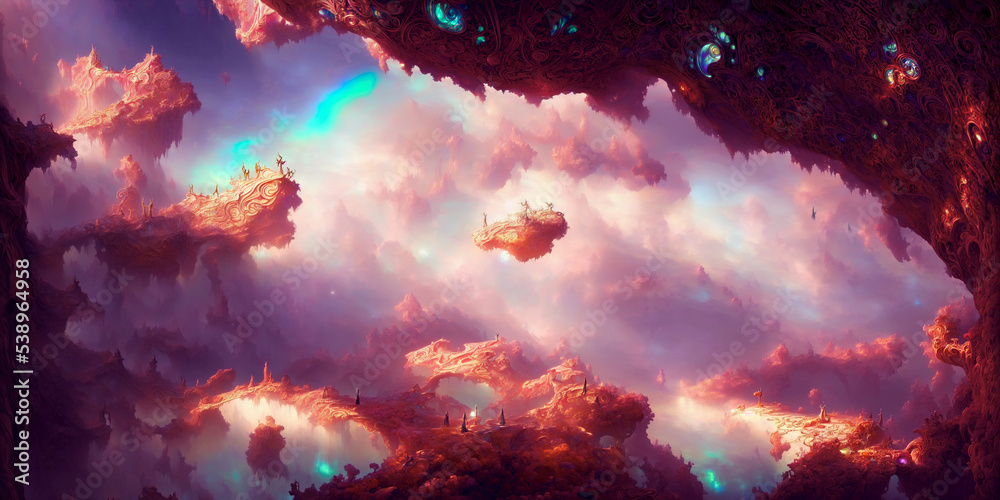 Lush, Colorful Alien Landscape on an Opalescent Planet with Floating ...