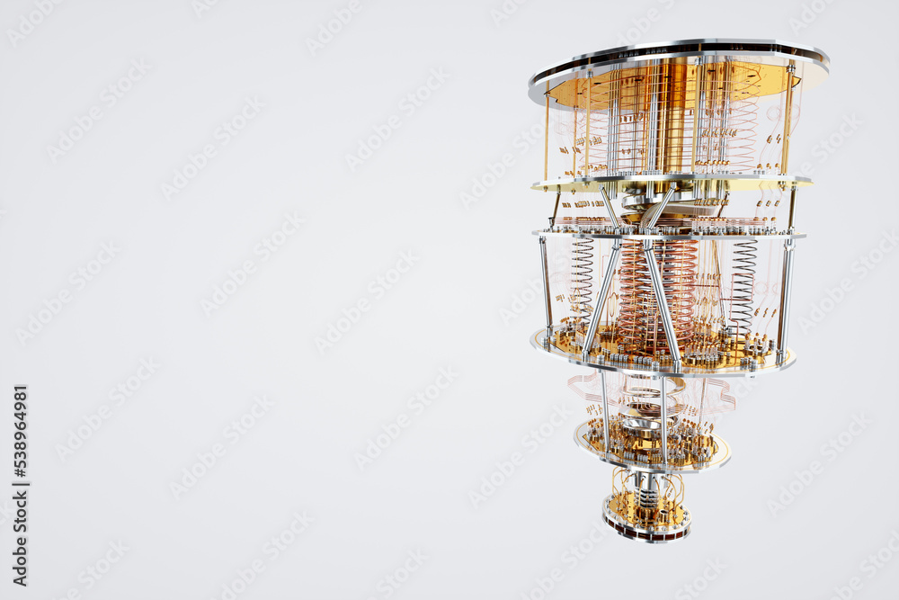 Quantum computer, gold silver mechanism isolated on white background ...