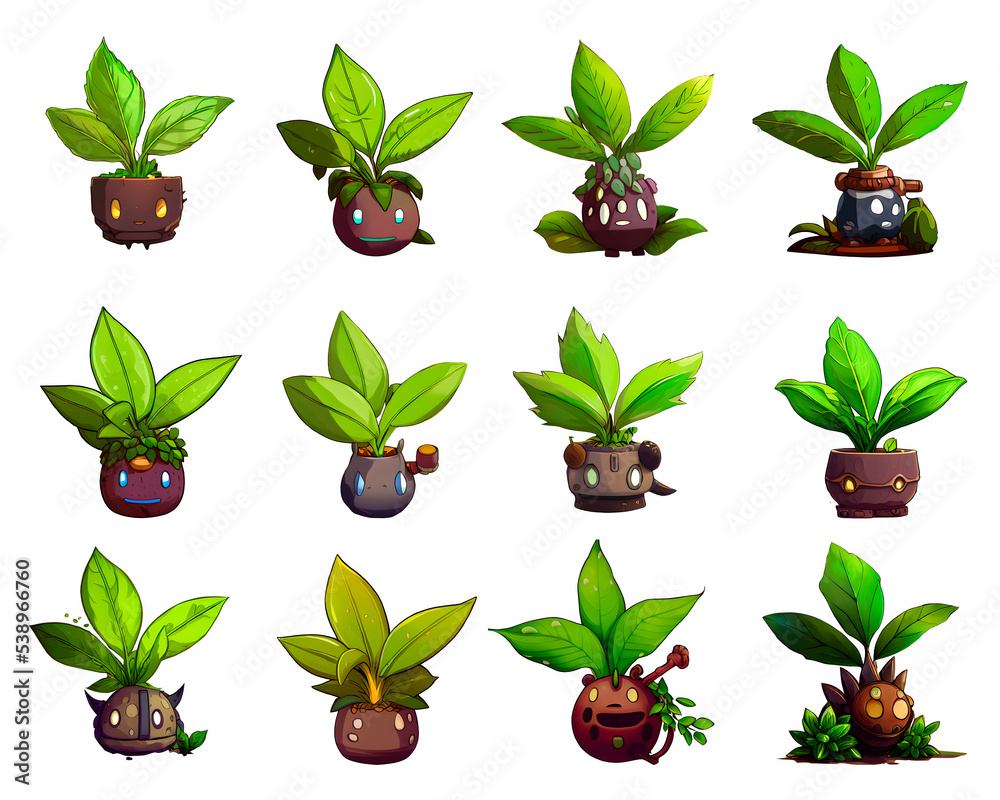 Pack of 12x game sprites of cute plant characters Stock Illustration ...