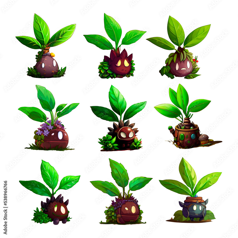 Pack of 9x game sprites of cute plant characters Stock Illustration ...