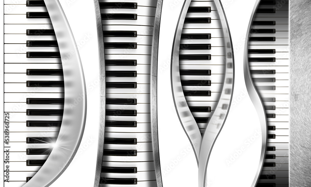 Collection of four piano keyboards with metal curve frames, isolated on ...