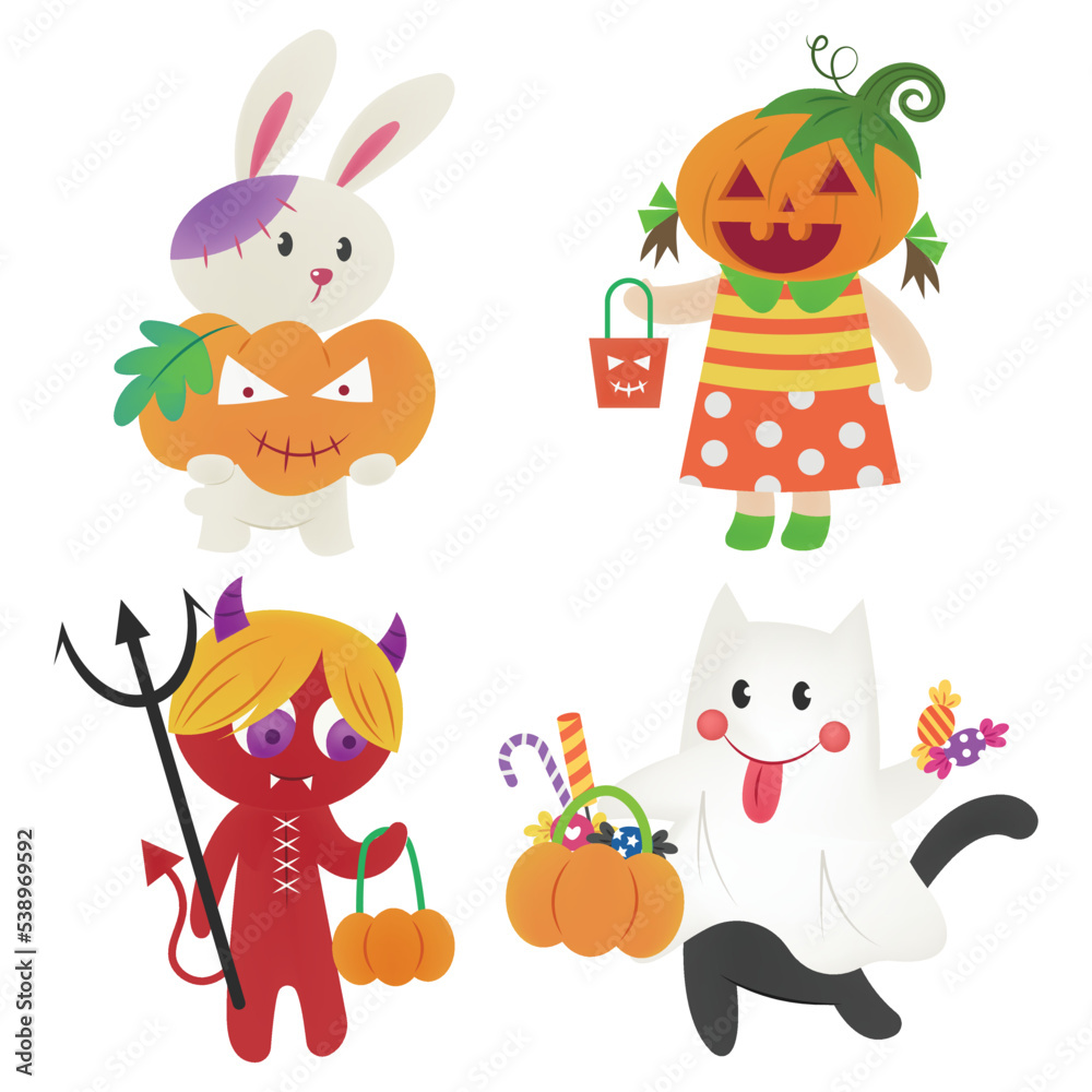 Set of Halloween kids in trick or treat costume vector cartoon isolated ...