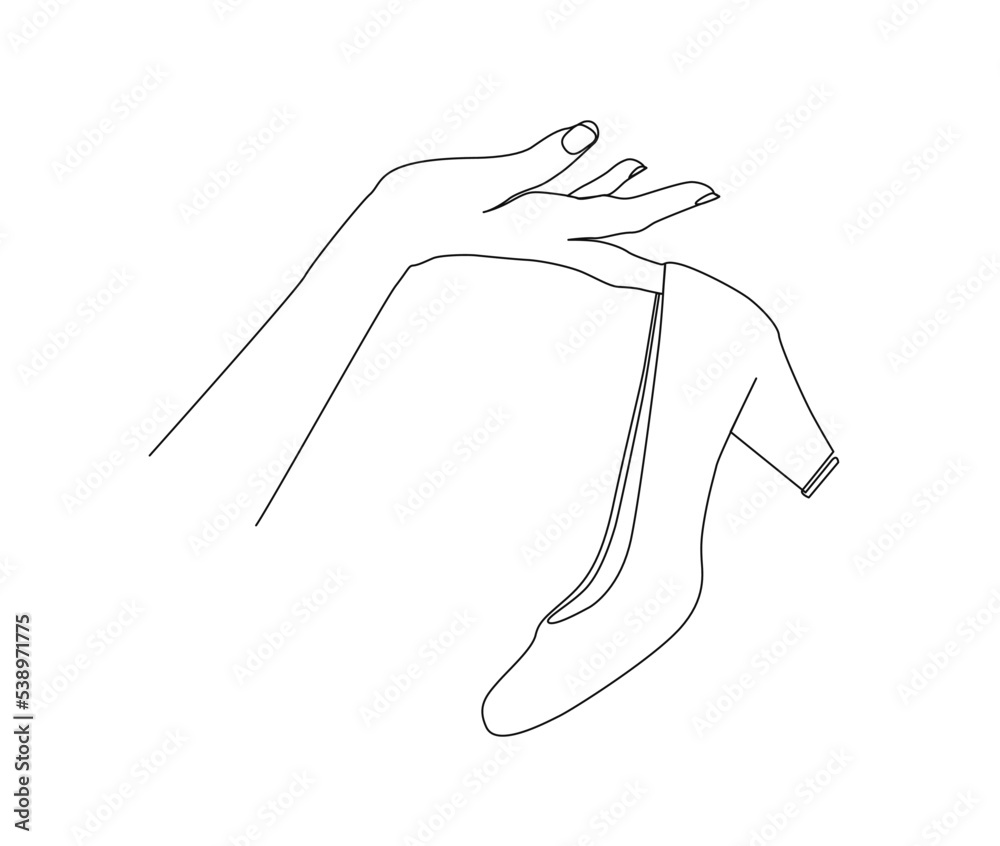 Continuous one line drawing of hand holding elegant highheels shoes ...