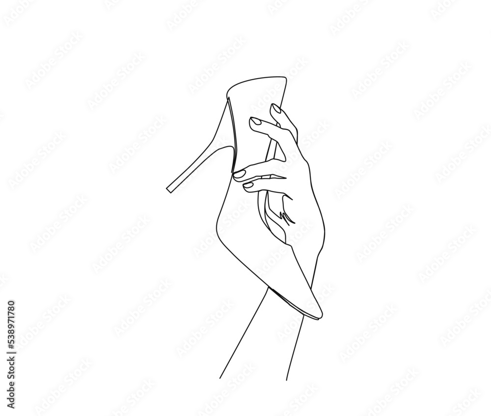 Continuous one line drawing of hand holding elegant highheels shoes ...