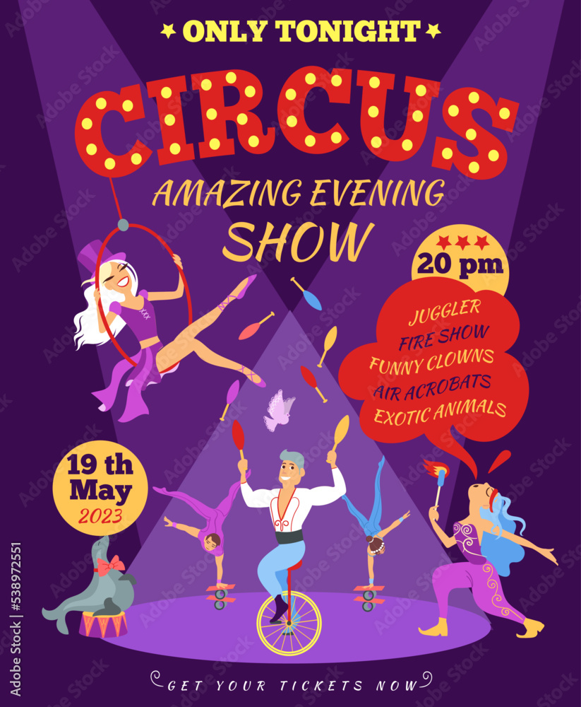 Cartoon circus show poster. Invitation with different performers ...