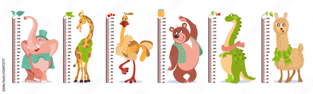 Cartoon kids growth rulers. Cute animals with wall measuring meter ...
