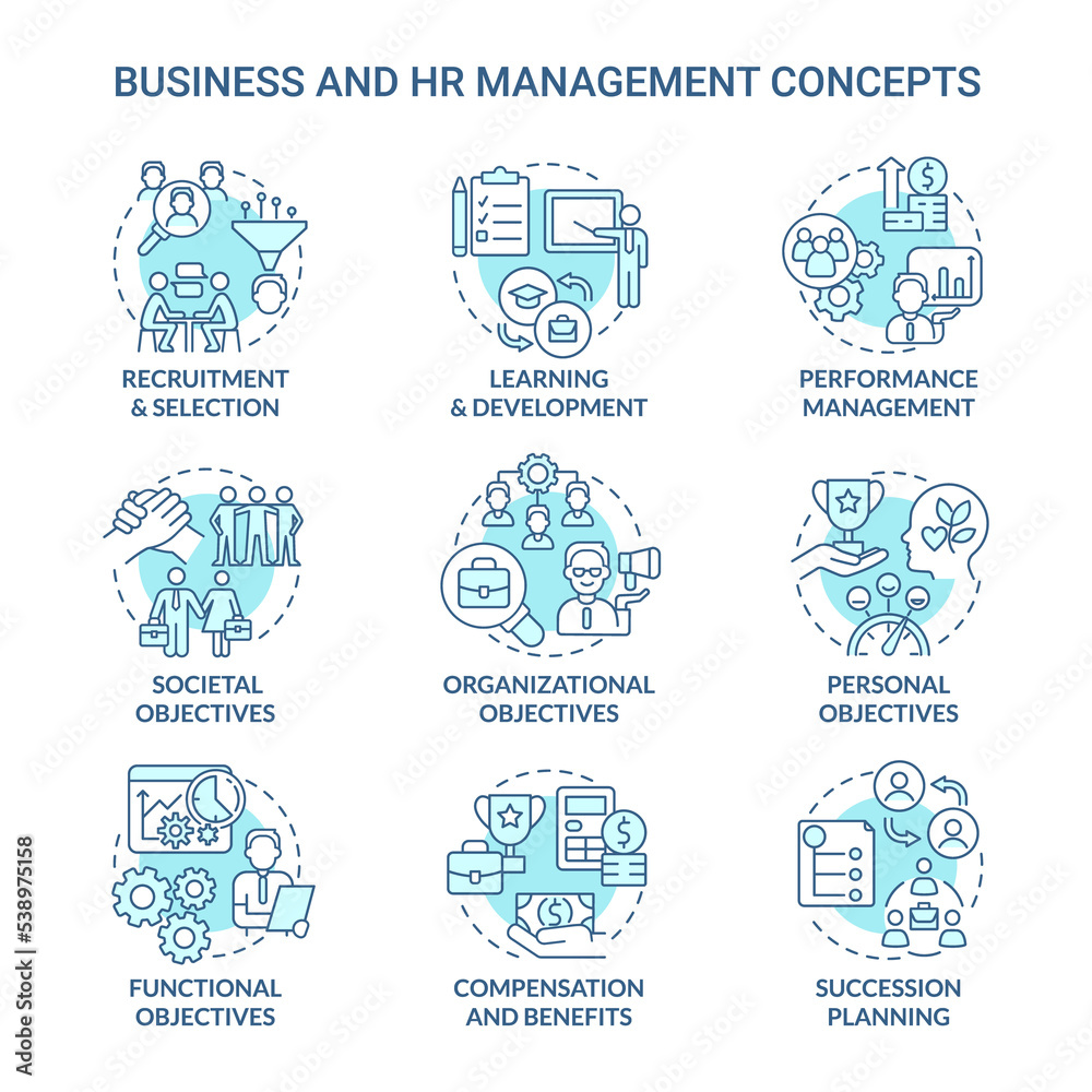 HR and business management turquoise concept icons set. Human resource ...