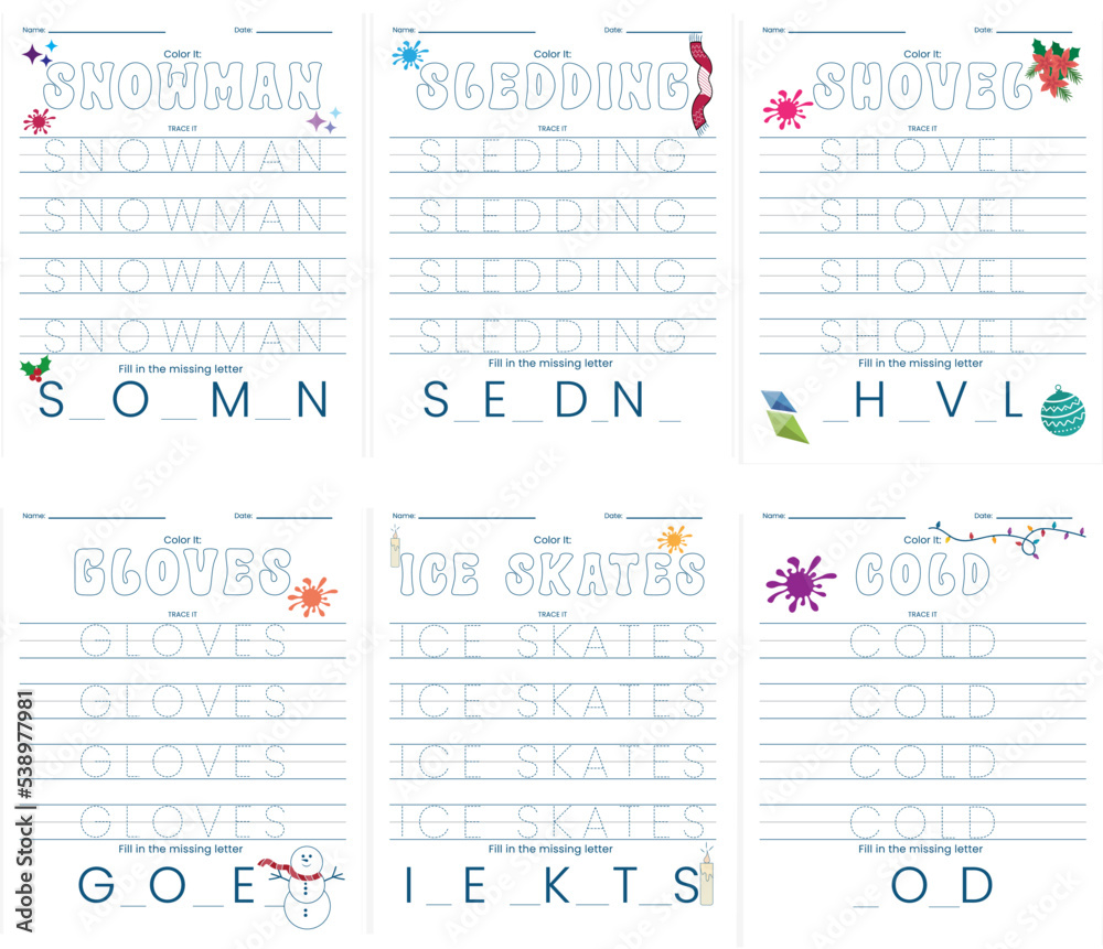 Winter Word Tracing Worksheets Stock Vector | Adobe Stock