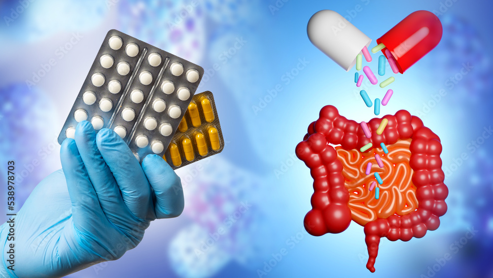 Probiotic tablets. Vitamins for intestinal tract. Capsules over human ...