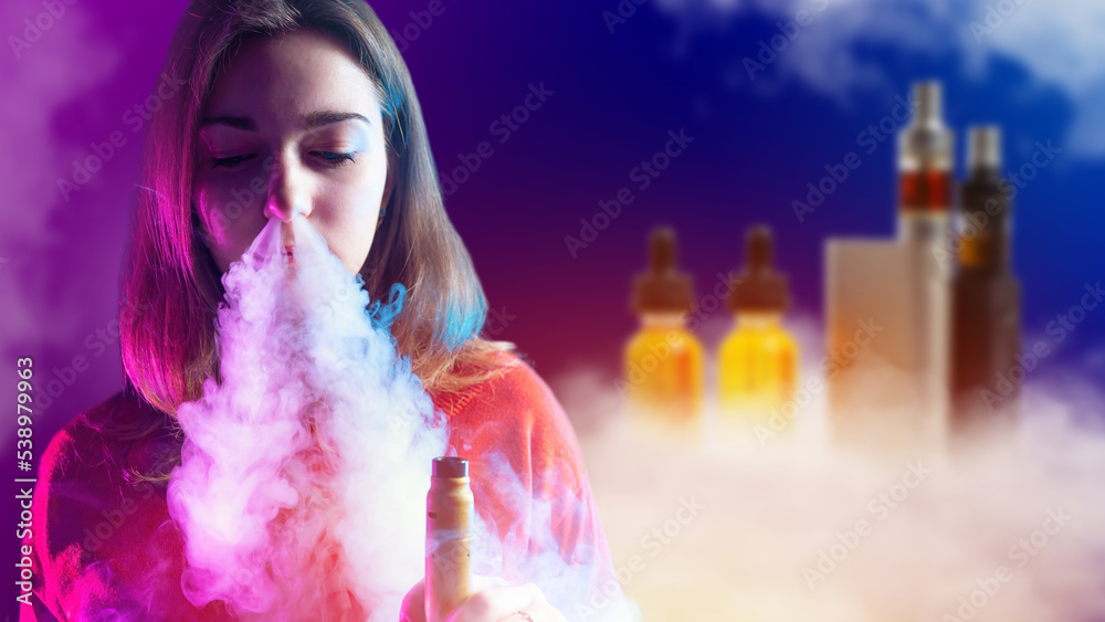 Woman vaper. Young girl smokes vape. Woman with electronic cigarette ...