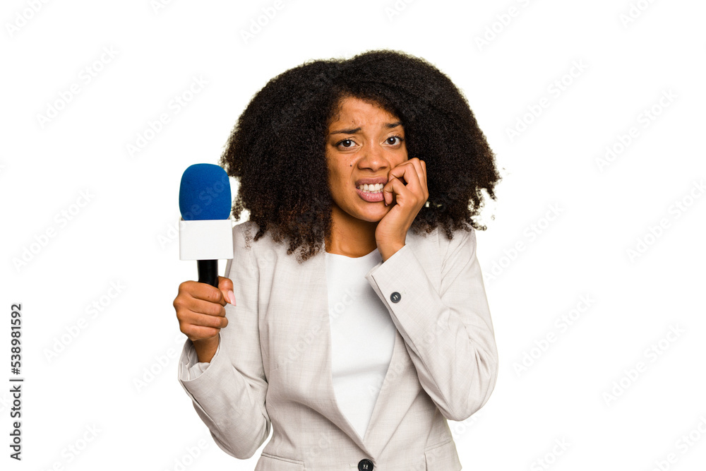 Young TV presenter African American woman with a microphone isolated ...