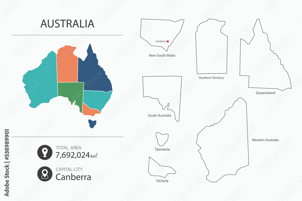 Map of Australia with detailed country map. Map elements of cities ...