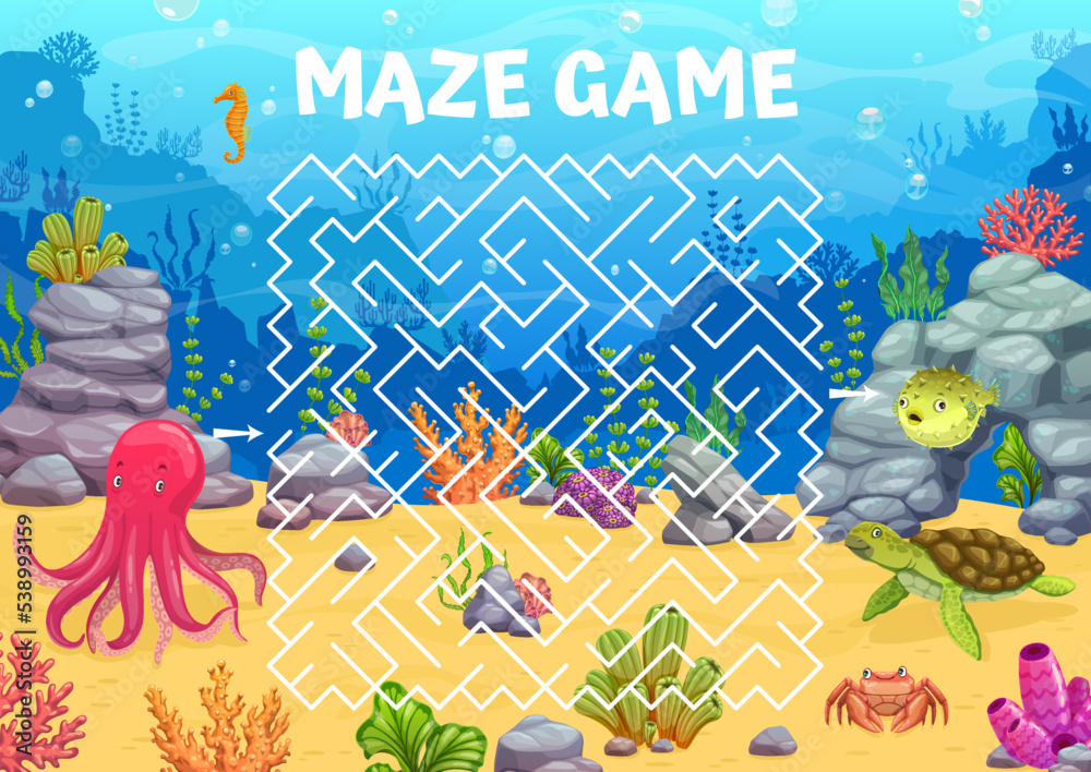 Labyrinth maze game, cartoon underwater landscape and animals. Kids ...