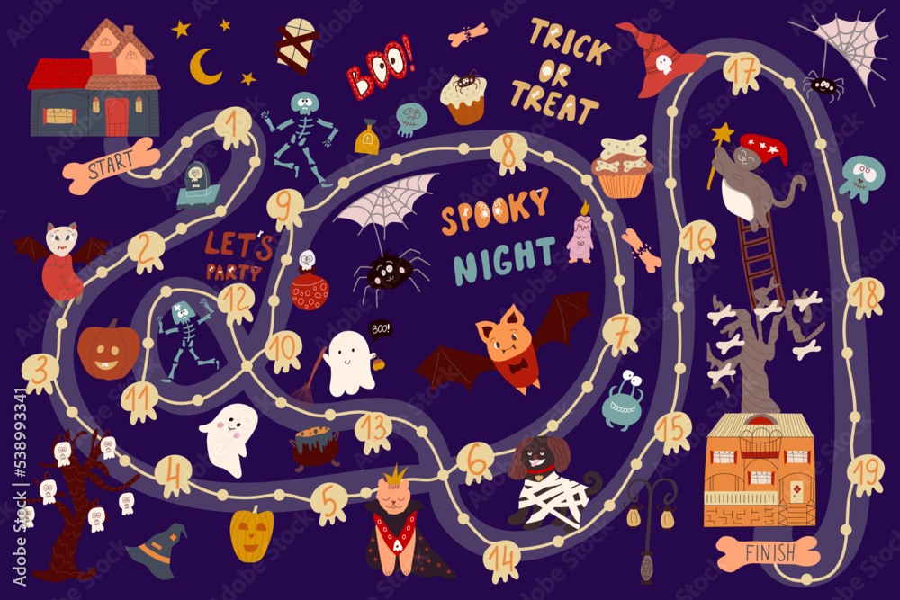 Halloween cartoon map horizontal for kids game. Graphic design for ...