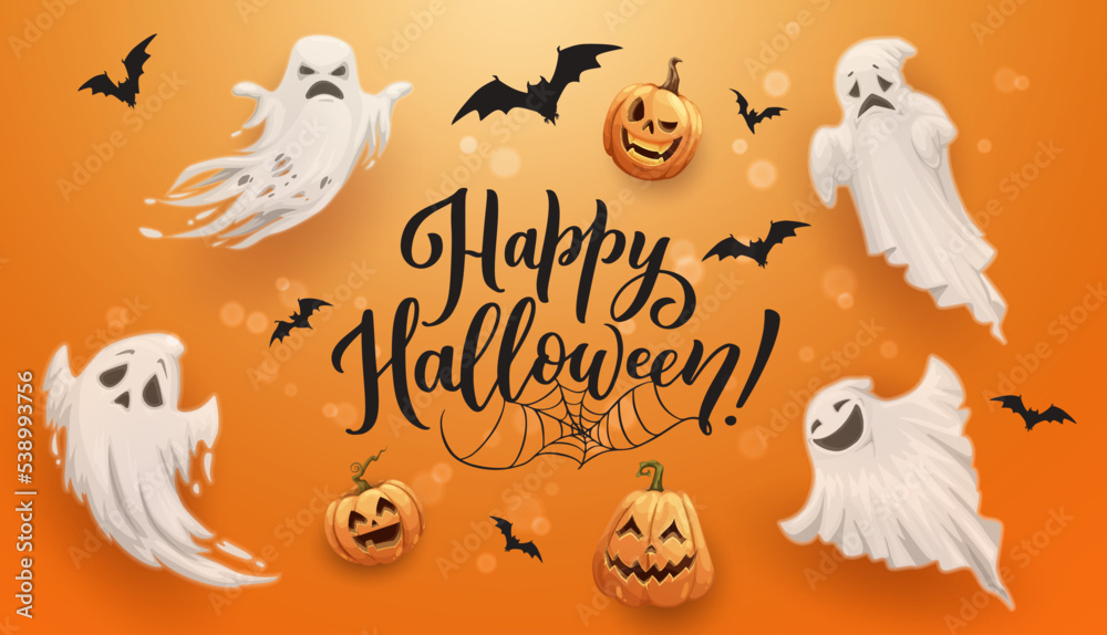 Halloween holiday poster. Flying ghosts, pumpkins and bats. Halloween ...