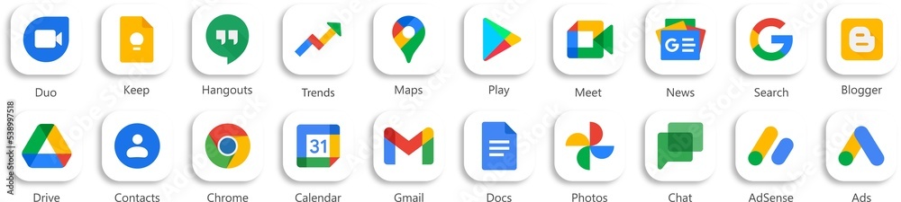 Google icons set. Google product icon on transparent background with ...