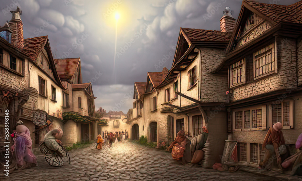 Daytime street view of medieval village. digital matte painting ...