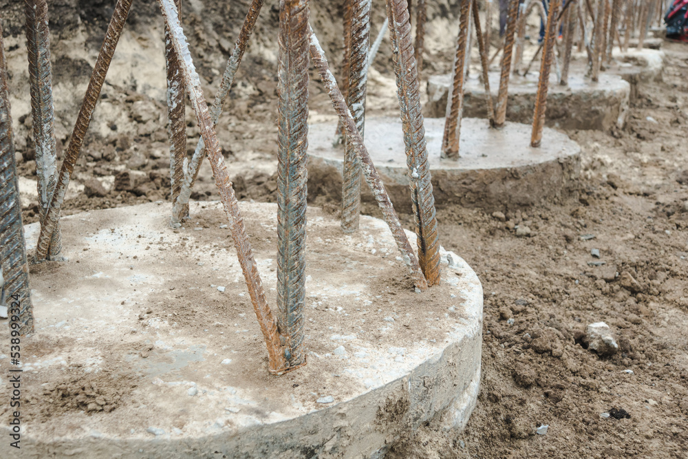 Construction works. Pile foundation after completed. Before pile cap ...