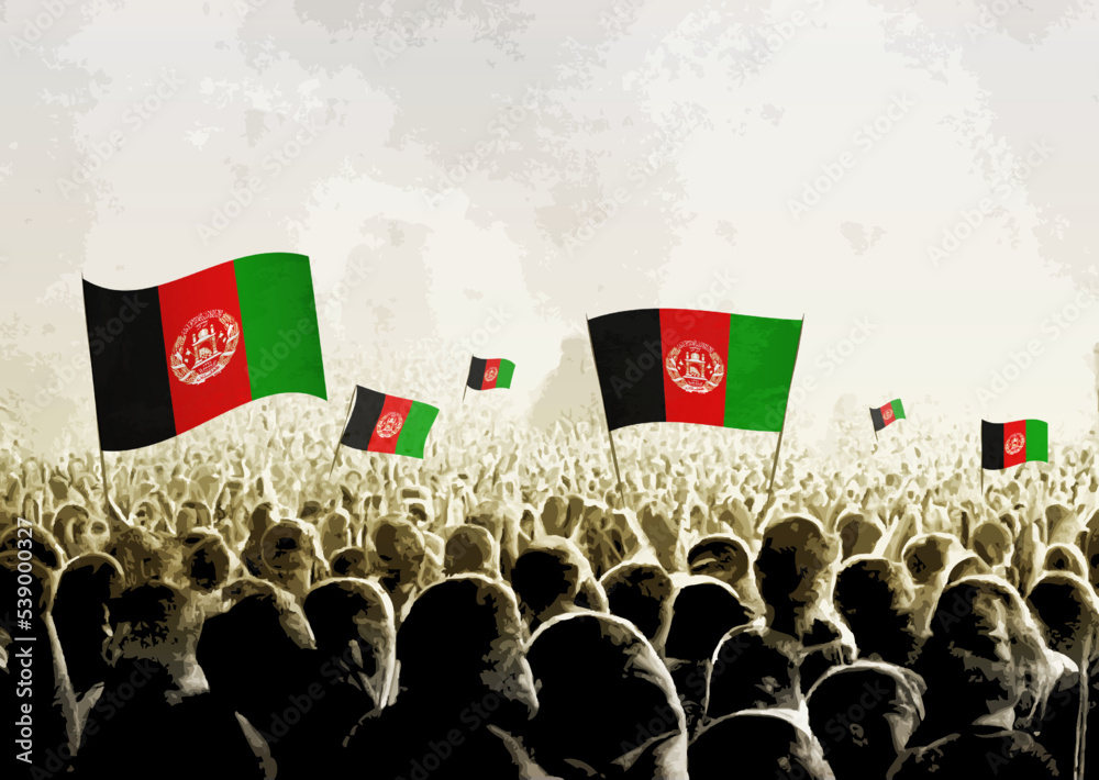 Crowd with the flags of Afghanistan, people cheering national team of Afghanistan. Ai generated ...