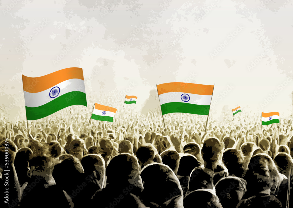 Crowd with the flags of India, people cheering national team of India ...