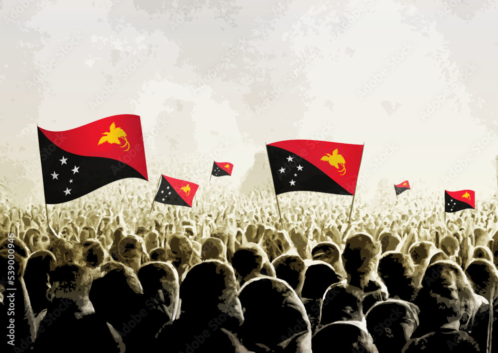 Crowd with the flags of Papua New Guinea, people cheering national team ...