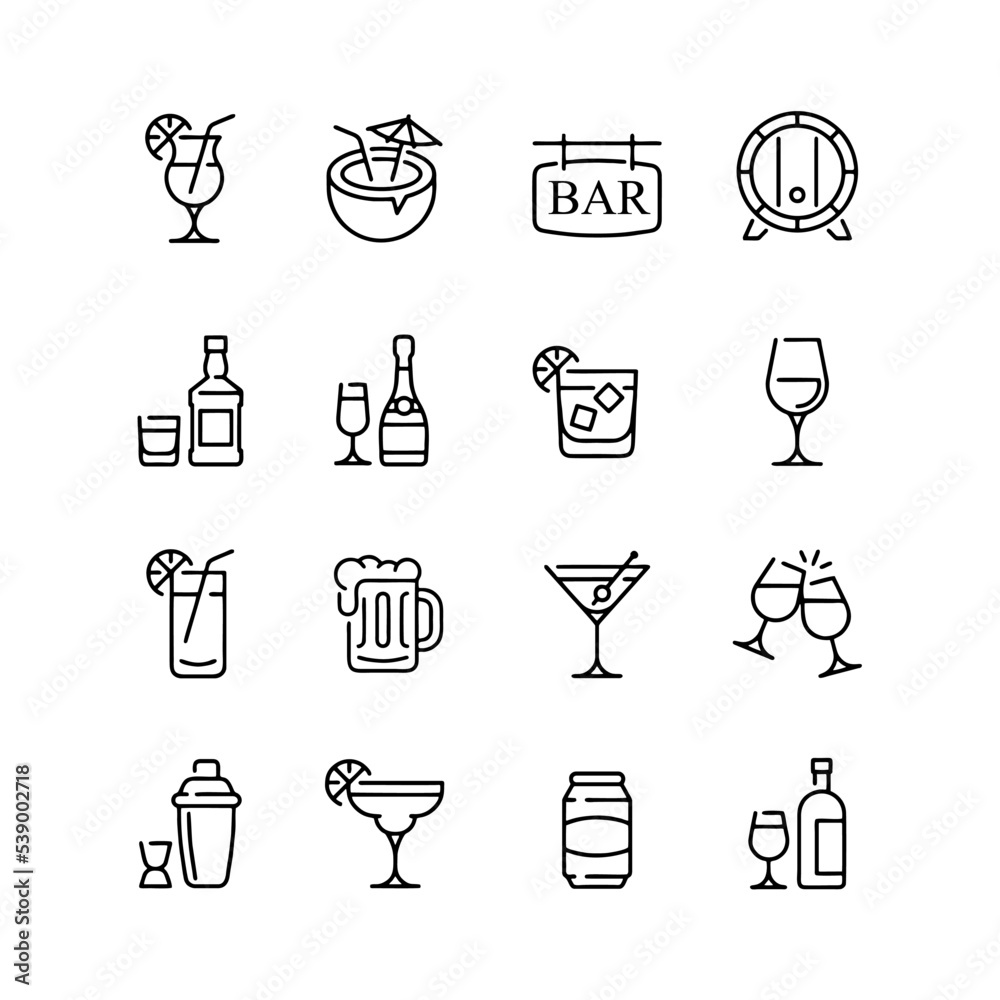 Food line icon set - beer, drink, sushi roll, wine, mug, barrel, glass ...