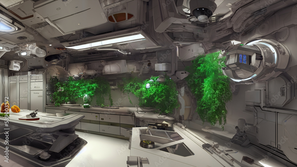 futuristic kitchen, sci-fi room with robotic equipment and herbs Stock ...