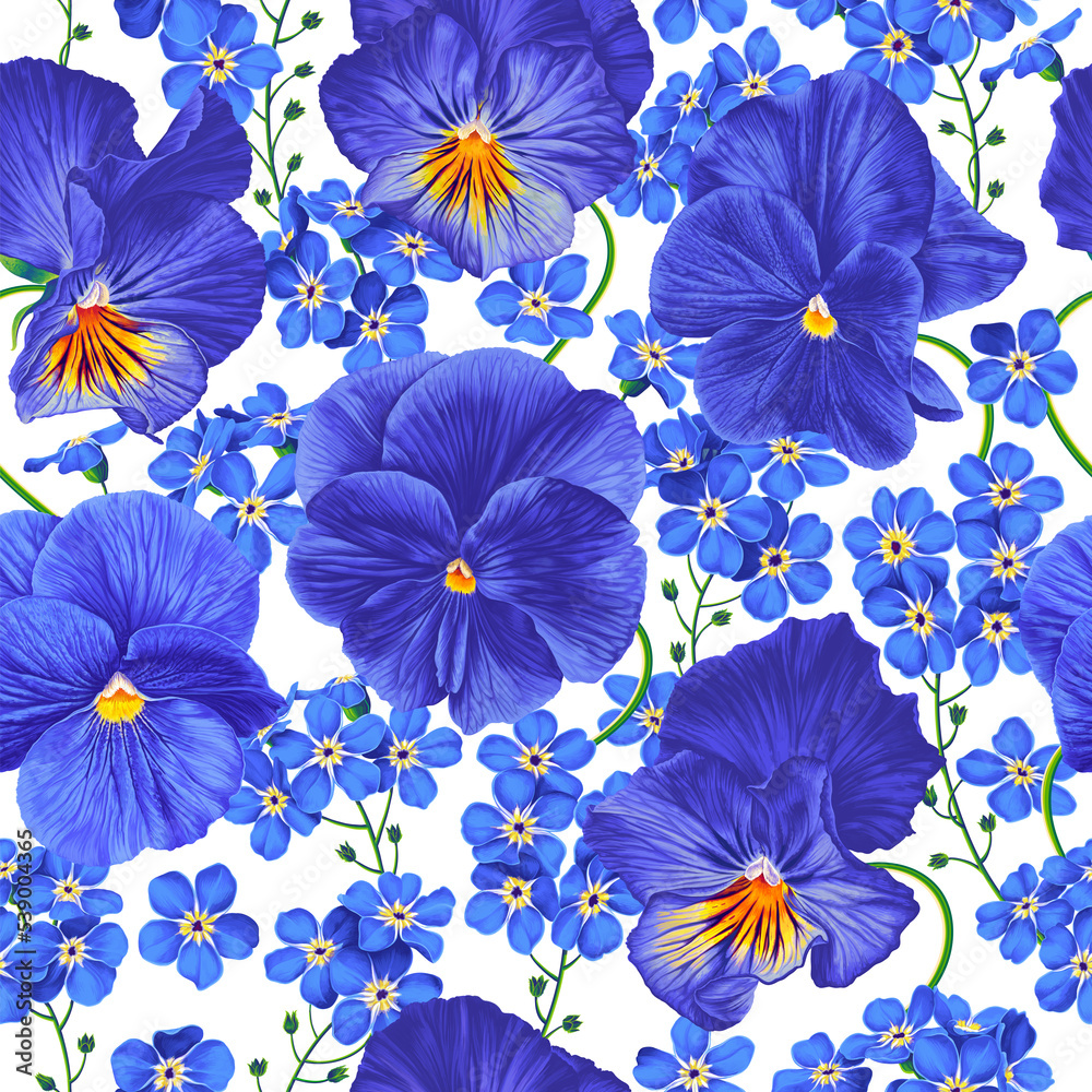 Seamless floral pattern in shades of blue. Realistic Pansies and Forget ...