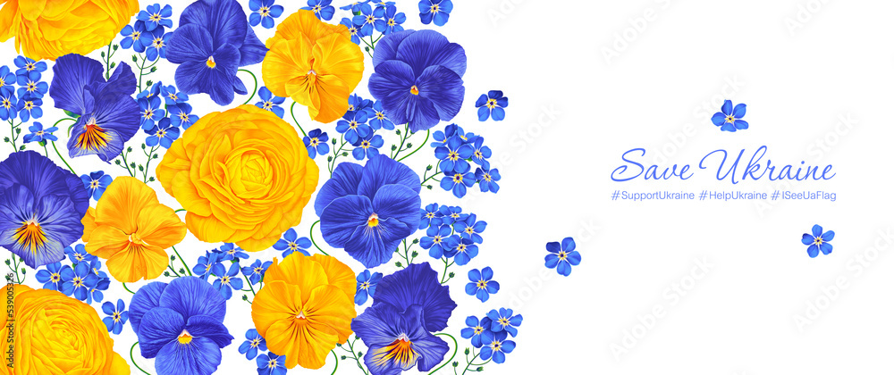 Horizontal long floral background in support of Ukraine. Stand with ...
