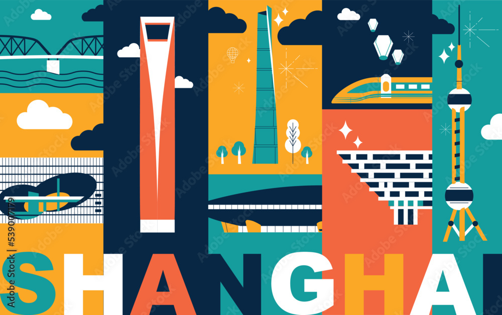 Shanghai culture travel set, video split screen, famous architecture in ...