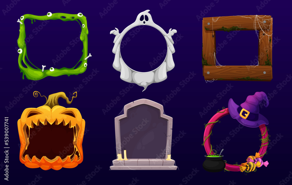 Halloween frames. Cemetery grave stone, green slime with eyes and bones ...