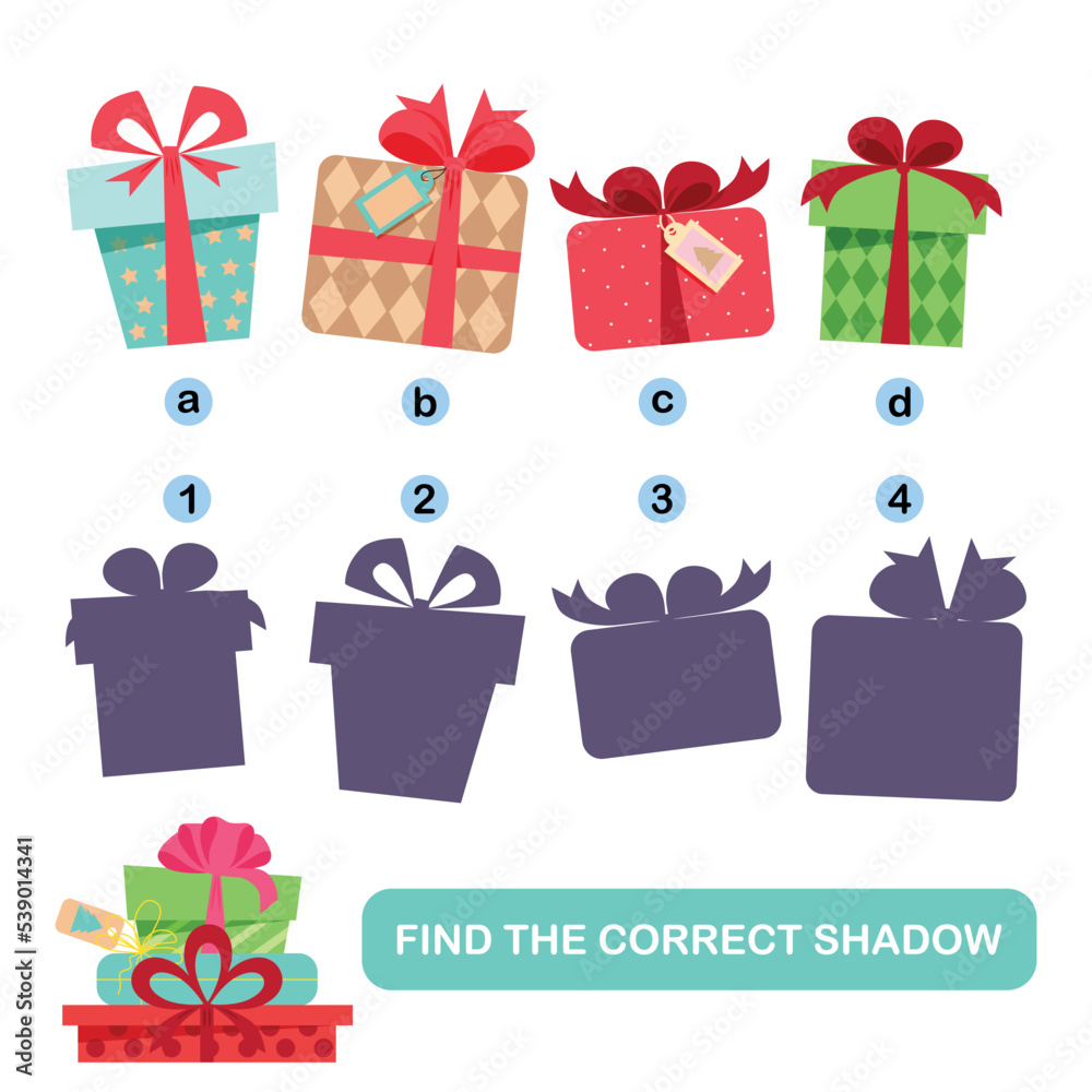 Educational game for kids. Match the gift box with the matching shadow ...