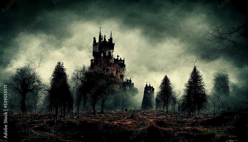 Dark gothic creepy castle with dead trees in hollow fantasy landscape Stock Illustration | Adobe ...