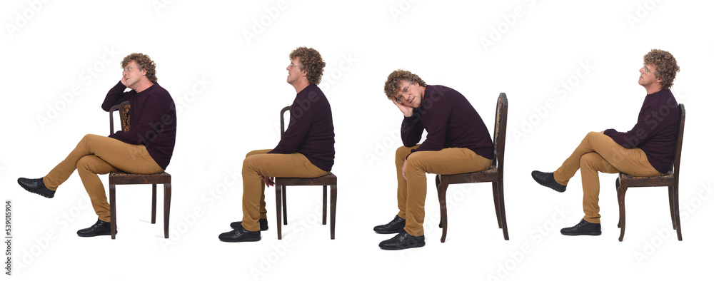 side view of same man sitting on chair with various poses on white ...