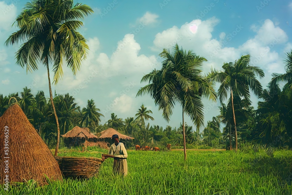 Farmer at work. with green farming area. coconut tree. cultivation land ...