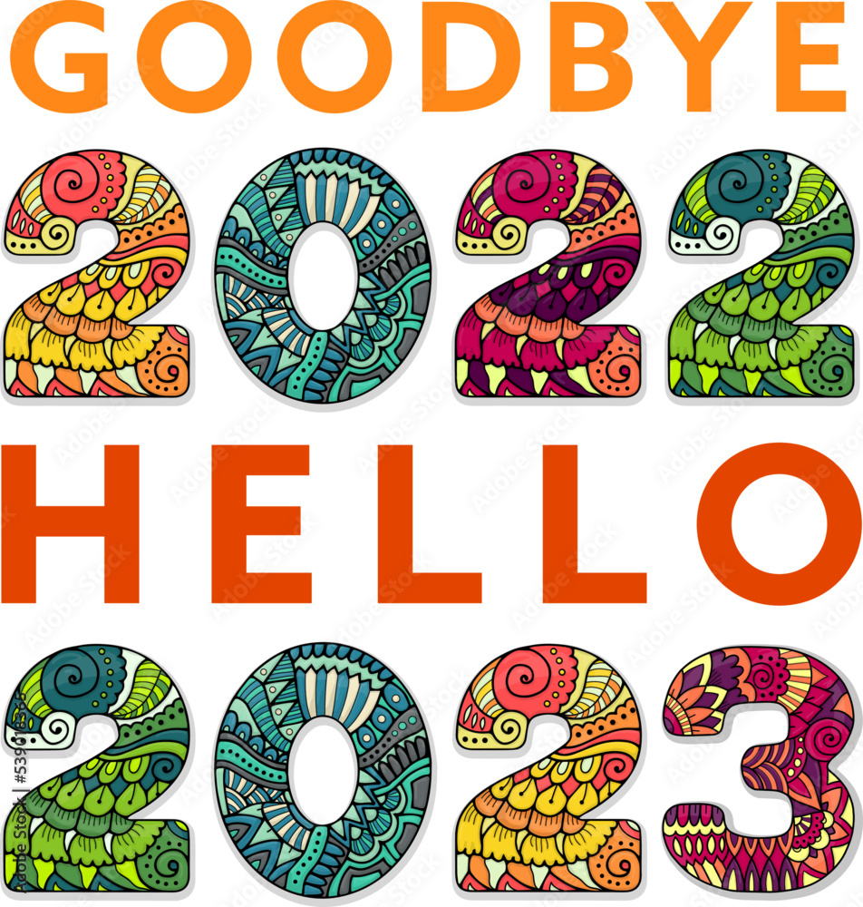 Goodbye 2022 Hello 2023. Modern greeting card, patterned rainbow design ...