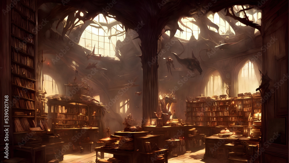 beautiful old fantasy library full of magical books Stock Illustration ...