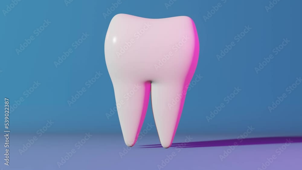 White healthy molar tooth 3D animation loop neon light blue background ...