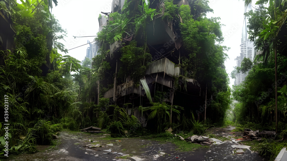 overgrown buildings in a post-apocalyptic city Stock Illustration ...